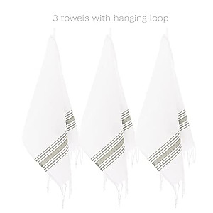BAROOGA Hand Towels for Bathroom (Set of 3) Turkish Kitchen Towels, Farmhouse Towels for Kitchen, Fringe Tea Dish Cloth Set, Quick Dry and Highly Absorbent (18 x 38 inches) (Khaki Green)