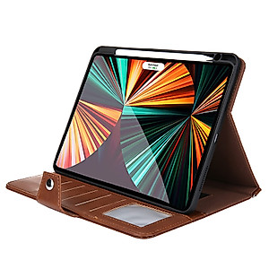 iPad Pro 12.9 inch 2022/2021/2020/2018 PU Leather Case with Apple Pencil Holder Auto Wake/Sleep Shoulder Strap for iPad Pro 12.9 6th/5th/4th/3rd Generation (Brown)