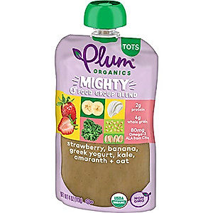 Plum Organics Mighty Food Group Blend Organic Baby Food Meals [12+ Months] Strawberry, Banana, Greek Yogurt, Kale, Amaranth & Oat 4 Ounce Pouch (Pack Of 6) Packaging May Vary