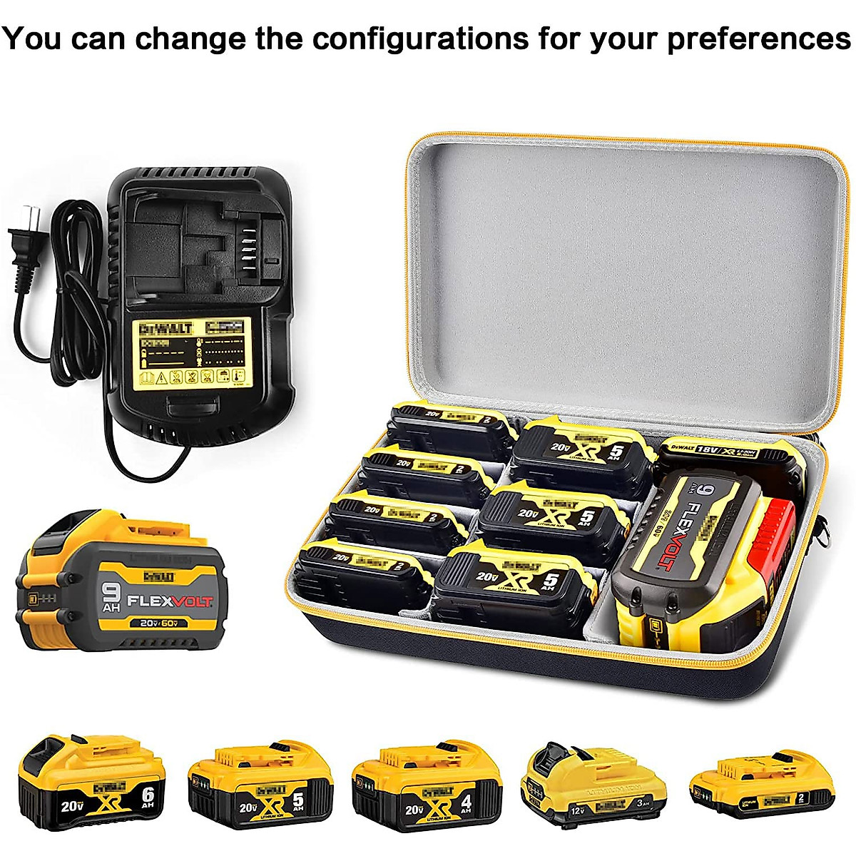 Extra Large Battery Storage Holder Case for DEWALT 20V/ 60V MAX XR &Charger, Tool Batteries Pack Container Carrier Box, Holds 20V 2.0/3.0/4.0/5.0/6.0/9.0-Ah Batteries, Adapter (Bag Only)