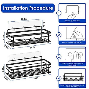 PEMOO 2 Pack Adhesive Shower Caddy, Shower Shelves, Shower Organizer No Drilling with Hooks, Rustproof Stainless Steel Bathroom Shower Organizer, Large Capacity, Shower Shelf for Inside Shower, Black