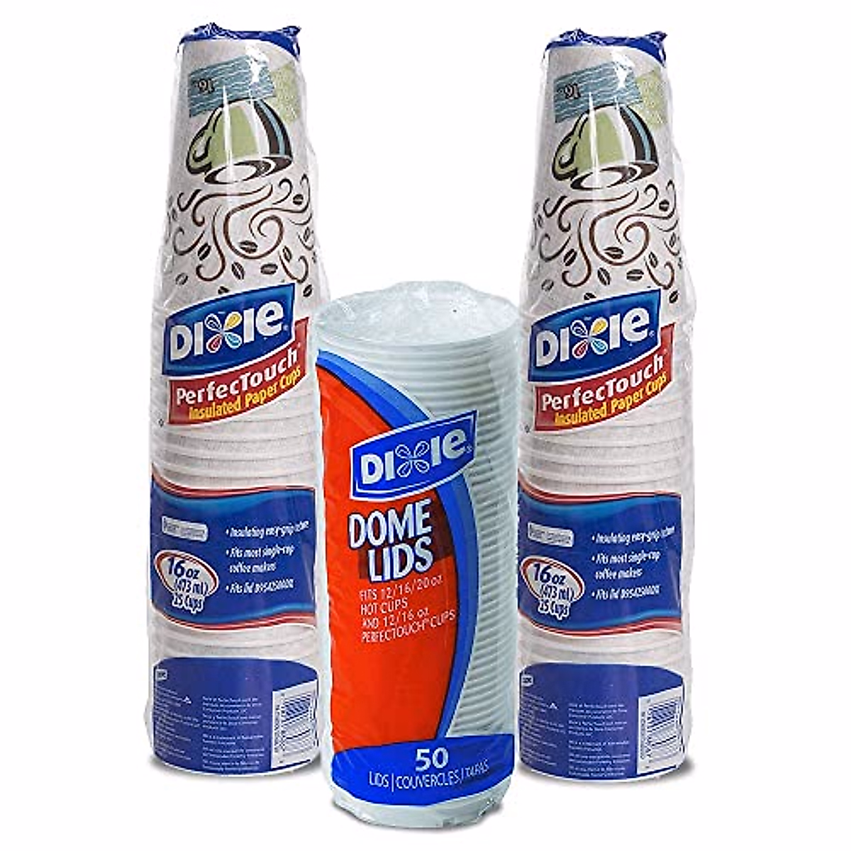 Dixie PerfecTouch WiseSize Coffee Design Insulated Paper Cup, 16oz Cups and Lids Bundle (16 oz, 50 Cups, 50 Lids)