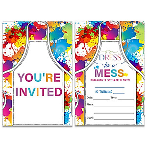 Soiceu Colorful Painting Birthday Party Invitations with Envelopes Set of 20 Dress for a Mess Art Painting Birthday Party Invites Fill in Blank