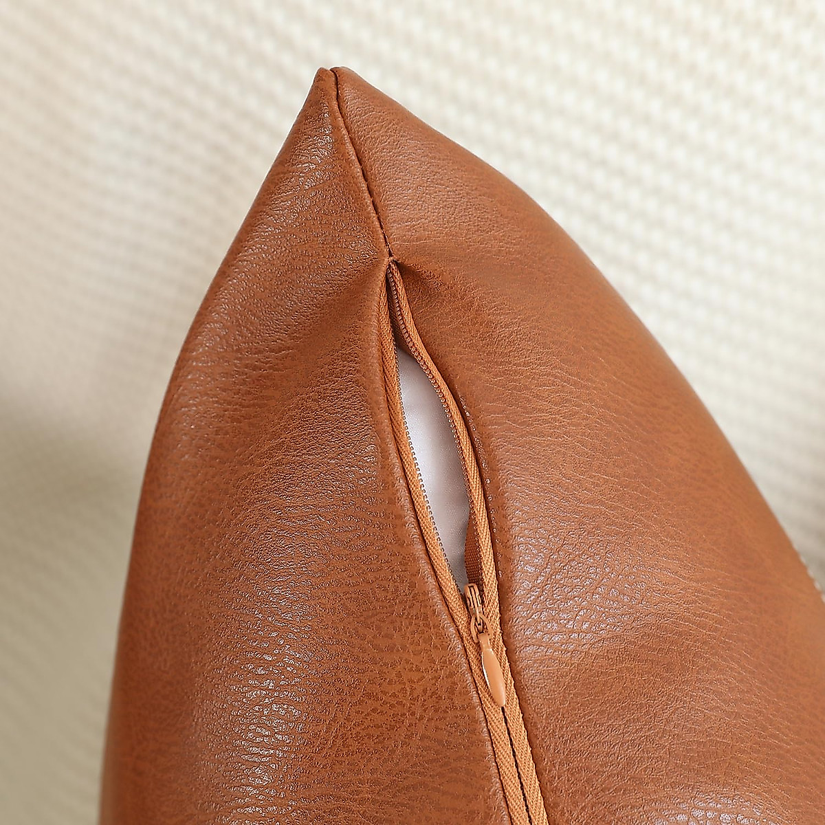 MANDIOO Set of 2 Boho Striped Faux Leather Throw Pillow Covers 16x16 Inch Modern Luxury Square Decorative Cushion Cases for Living Room Bedroom Sofa Couch Brown