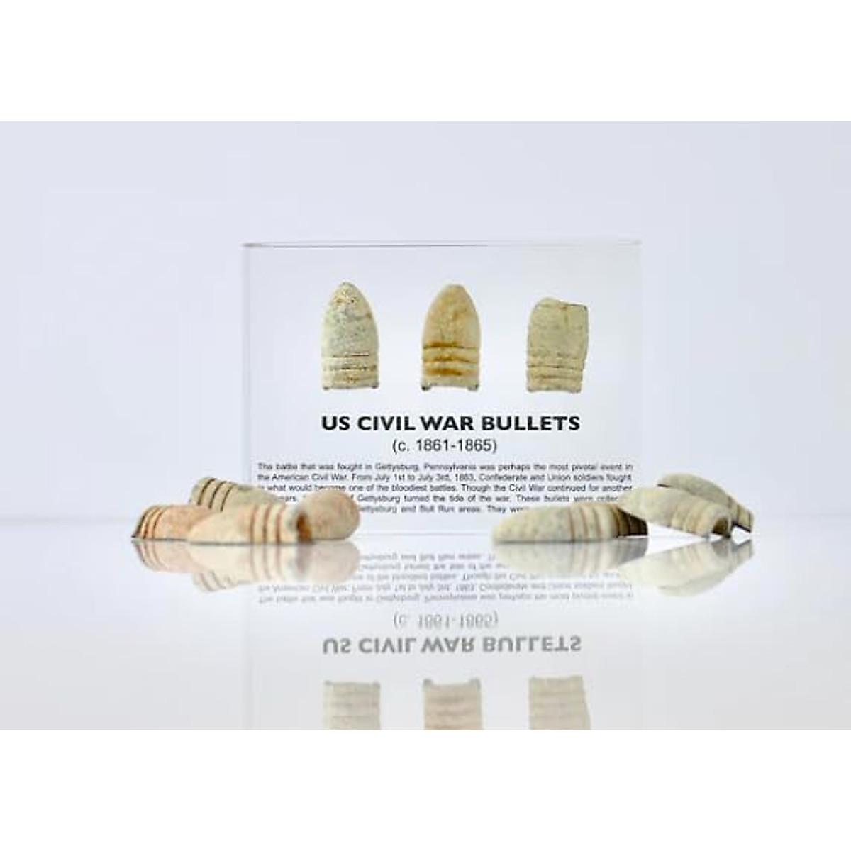 Civil War Minié Ball Bullets Display - Authentic Lead Bullets Preserved in Lucite, Handmade in USA, 4x3x1 inches, for Display or Education Purposes