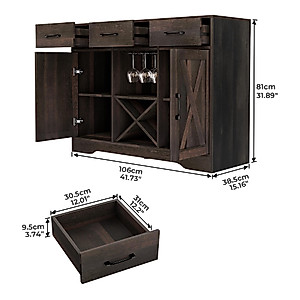 VVFLU Sideboard Buffet Cabinet with Storage Kitchen Farmhouse Coffee Bar Cabinet, Drawers, Removable Wine Rack, Wine Glass Rack, Barn Doors, Adjustable Shelves for Dinning Room, Brown (Coffee Wood)