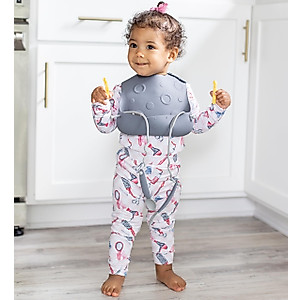 BUSY BABY Bungee Bib & Utensil Set – Adjustable Silicone Bib with Pocket & Tethered Utensils for Babies & Toddlers