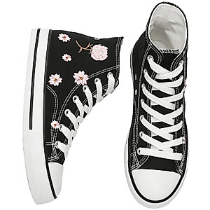 kufeiti Women’s Embroidered High Top Canvas Sneaker Black Lace-up Comfortable Casual Fashion Sneaker(Embroidery Black, US10)
