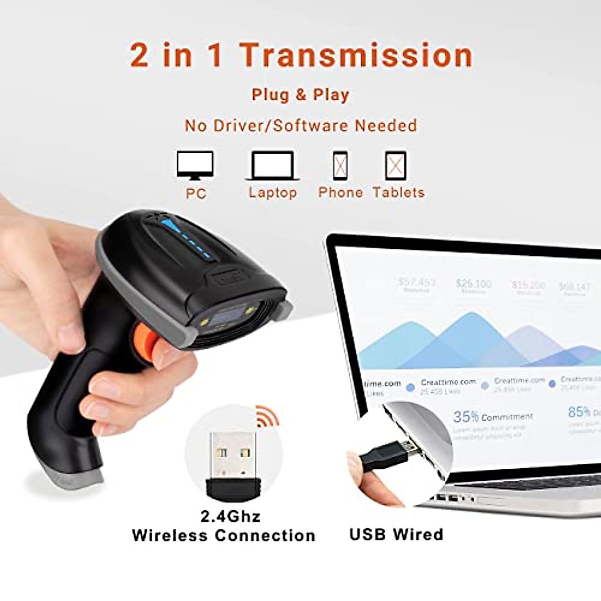 Tera Barcode Scanner Wireless Versatile 2-in-1 (2.4Ghz Wireless+USB 2.0 Wired) with Battery Level Indicator, 328 Feet Transmission Distance Rechargeable 1D Laser Bar Code Reader USB Handheld (Grey)