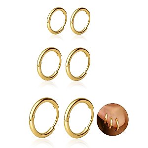 Small Gold Huggie Hoop Earrings,Cartilage Hoops Earrings,Helix Hoops,Tragus Hoop Earrings,6mm/8mm/10mm 14K Gold-Plated Surgical Stainless Steel Hoop Earrings Hypoallergenic for Body Piercing (Gold-3Pairs)