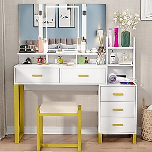 PAKASEPT Vanity Set with Lighted Tri-fold Mirror, 45.59'' Large Vanity Desk with Charging Station, 3-Color Adjustable Touch Light, 5 Drawers, Storage Shelves&Cushioned Stool Makeup Vanity for Bedroom