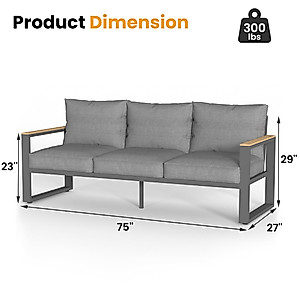 RoyalCraft Aluminum Outdoor Couch, All-Weather Metal Patio 3-seat Sofa with Soft Thick Cushions, Patio Sofa Couch for Porch Backyard Garden, Grey