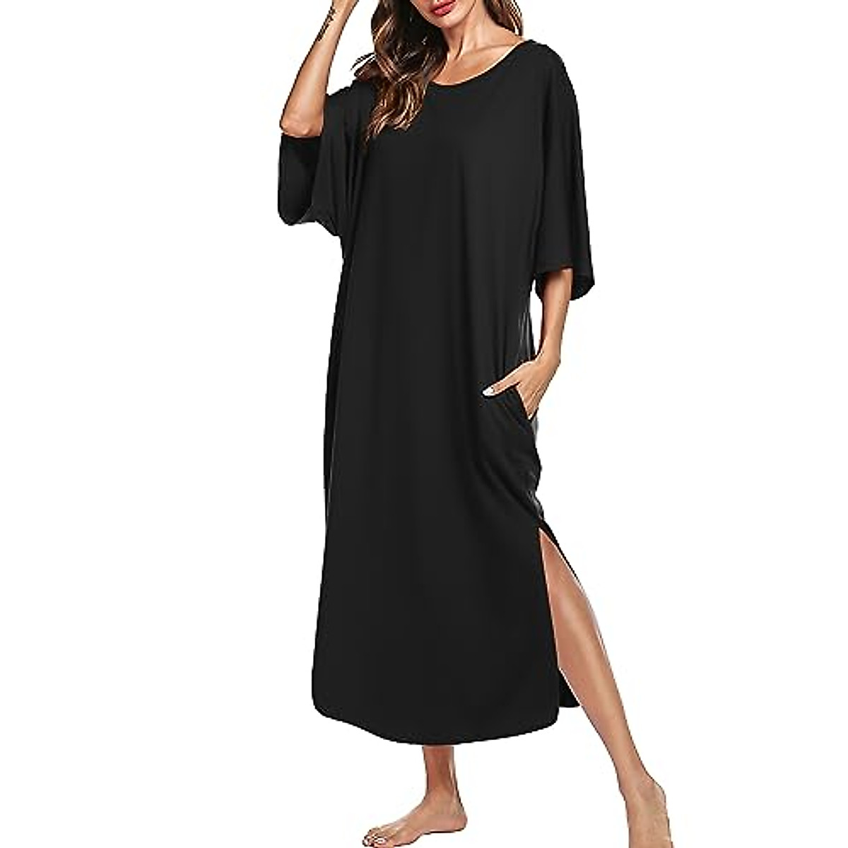 Ekouaer Womens, Loungewear, Nightgown Nightshirt, Plus Size Sleepwear, Oversized Pajama Dress, Long Sleep Dress with Pockets, A_black, 4X-Large