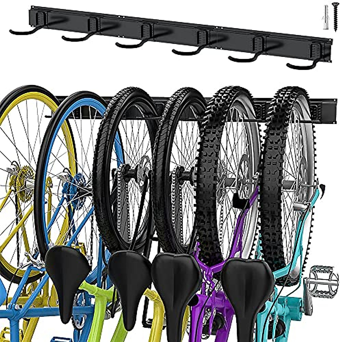 TORACK Bike Storage Rack, 6 Bike Rack Wall Mount Home and Garage Organizer, 64 Inch Garage Hooks Tool Organizer, Adjustable Wall Mounted Garage Hanger Storage System