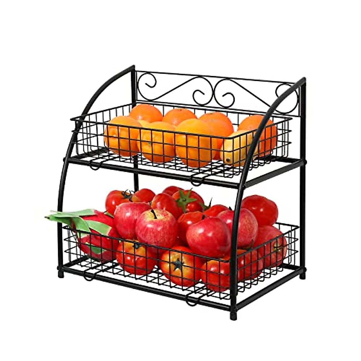 Fruit Basket for Kitchen, Fruit and Vegetable Storage Bowl Stand with Quality Metal Frame, Detachable, Large Capacity, 2 Tier Wire Produce Basket Fruit Holder for Kitchen Countertop Dining Table