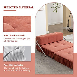 ROCKINGRUN Folding Sofa Bed,Convertible Memory Foam Couch,Chenille Sleeper Chair Floor Couch with Removable Back Cushion,Futon Sofa Bed for Living Room, Guest Room, Apartment, Small Space,Orange