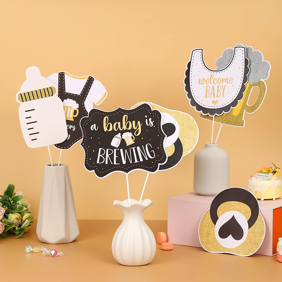 JOYMEMO 24 Pieces A Baby is Brewing Centerpiece Sticks Black Gold - Bottle and Beer Baby Shower Decorations, A Baby is Brewing Baby Shower Supplies for Pregnancy Diaper Huggies and Chuggies Party