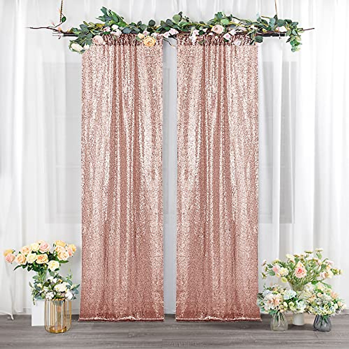 BEDDEB Rose Gold Sequin Backdrop Curtain, 2PCS 2FTx8FT Glitter Backdrop Curtain for Christmas, Birthday, Wedding, Party Decoration