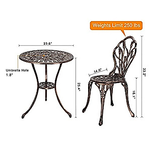 KINWELL Bronze 3-Piece Aluminum Round Outdoor Bistro Set with Umbrella Hole, Rust-Resistant Cast Aluminum Patio Set with Garden Table and Chairs