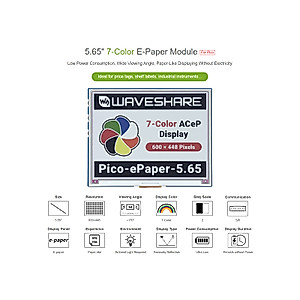 waveshare TOP1 5.65inch 7-Color e-Paper E-Ink Display Module for Raspberry Pi Pico, 600 × 448 Resolution Screen Advanced Color ePaper (ACeP) Technology, Low Power Wide Viewing Angle