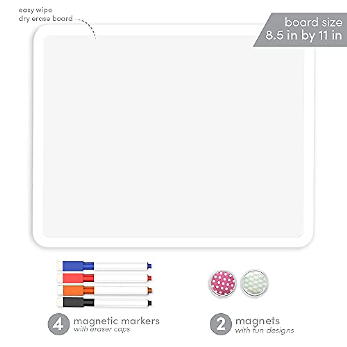 Dry Erase Board 8.5 X 11 inch Magnetic Whiteboard with 4 Markers and 2 Magnets with White Frame. Use for School, Home, Office, Remote Learning. Easy to Hang on Walls or Magnetic Surfaces.