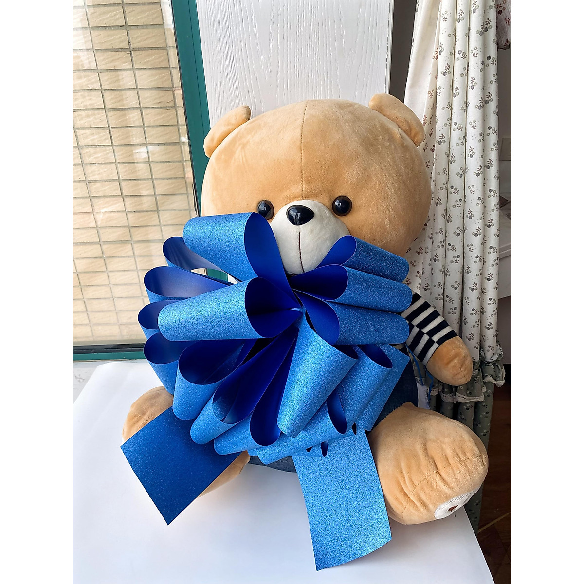 1PC Giant Blue Pull Bow for Gift Wrapping, 14" Glitter Large Bow, (Pack of 1, 14 Inches) Instant Car Bow for Appliances, Bike, Sparkling Big Bow for Birthday Presents Wedding Decoration (Blue)