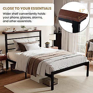 SHA CERLIN Twin Size Bed Frame with Headboard Shelf and Strong Metal Foundation, No Box Spring Needed, Brown