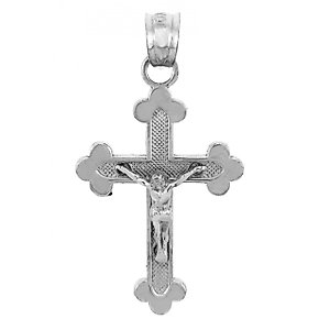 Solid 14k White Gold Budded Cross Charm Crucifix Pendant