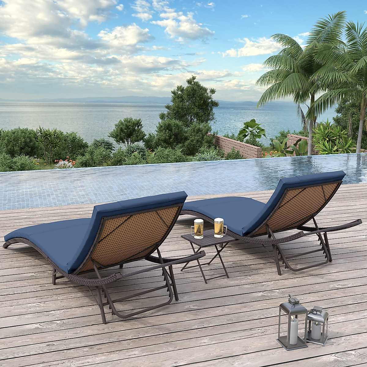 ALAULM Pool Lounge Chairs Outdoor Adjustable Chaise Lounge Chairs w/Sponge Cushion,2 Foldable & Portable Chairs and 1 Table for Poolside Patio Courtyard Seaside,Dark Blue