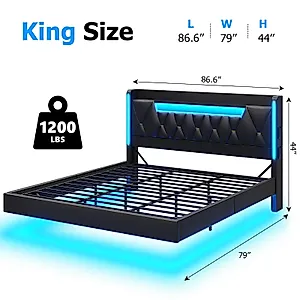 BYSAUD Floating Bed Frame with RGB Light，Hidden Storage Space in The headboard,Floating Bed with Charging Station Including 2 Standard sockets, PU Leather (King)