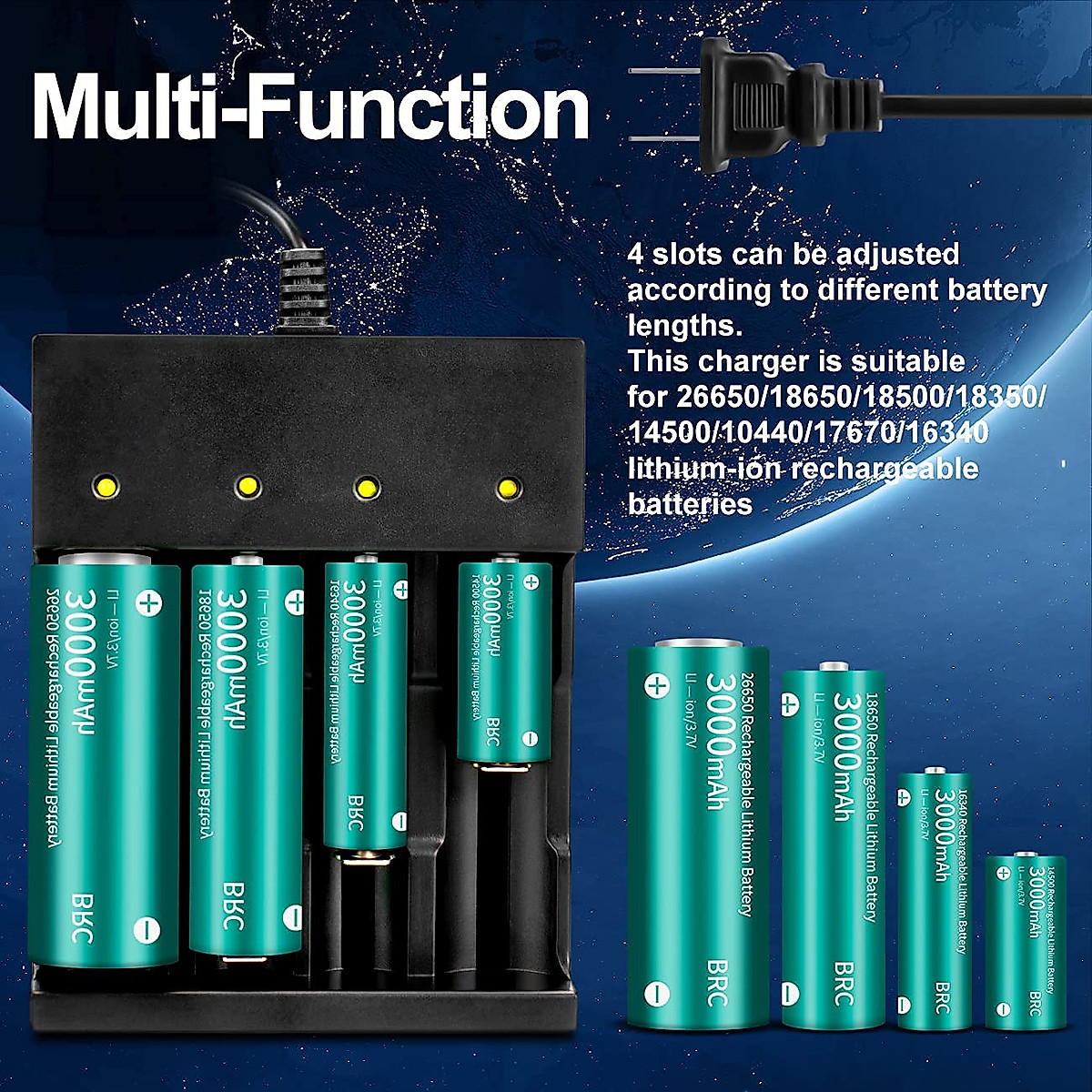 18650 Battery Charger 4 Bay Smart Universal Charger for 3.7V Rechargeable Lithium Li ion Batteries Compatible 18650 26650 21700 10400 14500 16340 16650 18500 Battery Charger (Only AC Charger)