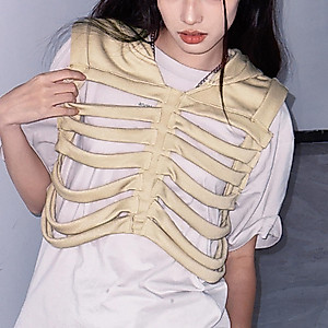 Mieeyali Women Y2K Skeleton Hoodies Vest Sleeveless Ghost Skull Pullover Sweatshirt Shirts Halloween Clothes Streetwear (Skeleton Hoodies Vest Brown, L)