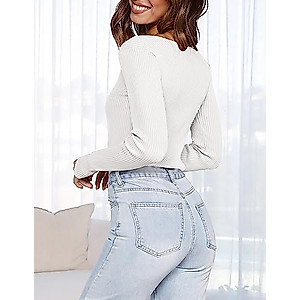 ZESICA Women's 2023 Long Sleeve Square Neck Shirts Fall Clothes Slim Fitted Ribbed Knit Sweater Basic Tee Tops,White,Large