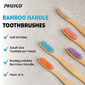 Swissco Soft Bristle Manual Bamboo Toothbrushes Pack of 5 Soft Toothbrushes for Adults | Biodegradable Eco Friendly Wooden Toothbrushes