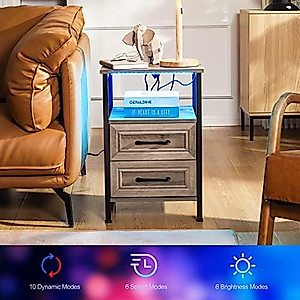 HOSEOKA Night Stand Charging Station and RGB Lights for Night Side Table Nightstand with USB Ports and Outlets Grey Night Stand Table with Drawers Farmhouse Nightstand for Bedroom