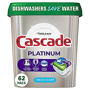 Cascade Platinum Dishwasher Pods, Detergent, Soap Pods, Actionpacs with Dishwasher Cleaner and Deodorizer Action, Fresh, 62 Count