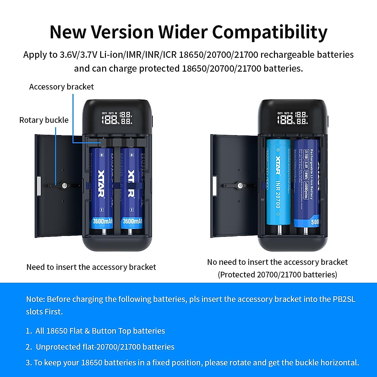 XTAR PB2S Upgraded Version Type-C Dual-Role Fast Charger,Portable LCD Universal 18650 Battery Charger for 3.7V/3.6V Li-ion Rechargeable Battery 18650 18700 20700 21700 Black (No Battery)