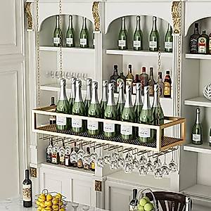 DASHADAO Hanging Wine Glass Rack-Bar Unit Floating Shelves, Metal Chain Wine Rack Ceiling Hanging Wine Bottle Holder with Goblet Stemware Racks Kitchen Upside Down Wine Rack Home Storage Sh
