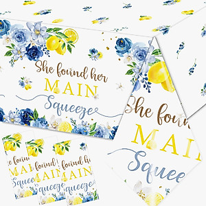 TEMYAXU 3Pieces She Found Her Main Squeeze Bridal Shower Tablecloth, 43 * 71Inch She Found Her Main Squeeze Lemon Tablecloth Lemon Bridal Shower Decorations for Lemon Bridal Shower Weddings Party