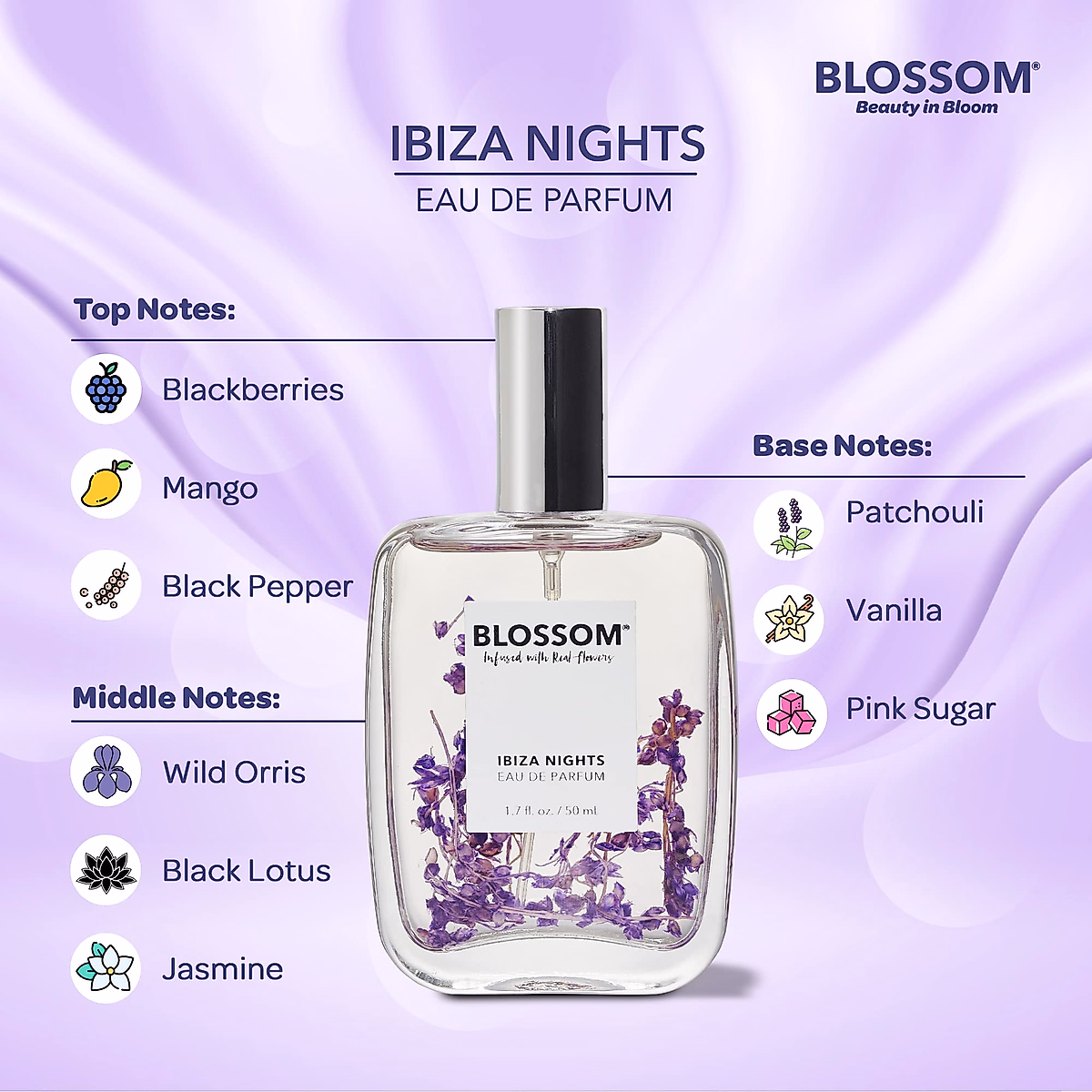 Blossom Unisex Eau De Parfum, Cruelty Free & Vegan Fragrance, Plant-based Perfume Spray with Real Flowers, Made in USA, 1.7oz, (Black Lotus, Jasmine, Vanilla, Mango, Spiced Blackberry), Ibiza Nights