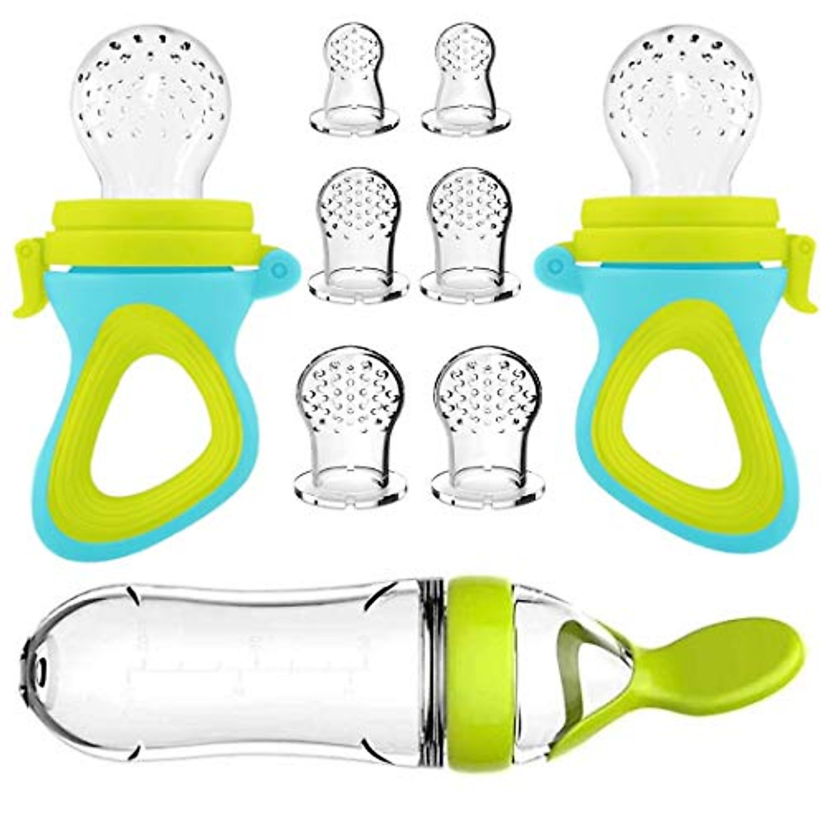 Baby Food Feeder, Fresh Food - 2 Pack Fruit Feeder Pacifier, 6 Different Sized Silicone Pacifiers | Baby Food Dispensing Spoon | Baby Feeding Set | Fresh Frozen Fruit (Green)