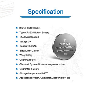 【5-Year Warranty】SURPOWER CR1225 3V Battery for Thermometer CR 1225 -10 Pack