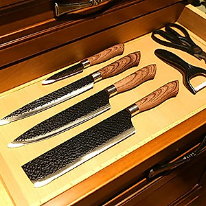 Vivid Cookware Stainless Steel Knives Set, 6 Pcs High Carbon Non Stick Large Blade Knife Block Set | 8" Chef Knife - 8" Carving knife - 8" Small Cleaver - 3.5" Paring Knife - Scissors - Ceramic Peeler