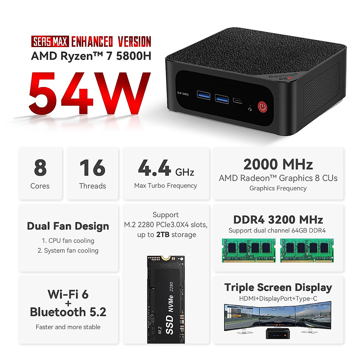 Beelink SER 5 MAX Mini Desktop Pc Computers, Ryzen 7 5800H 8 Cores Up to 4.4Ghz 32GB DDR4 500GB NVME SSD Radeon Graphics,with WiFi 6/BT-5.2/USB C/DP/HDMI,Support 2.5'HDD/SSD