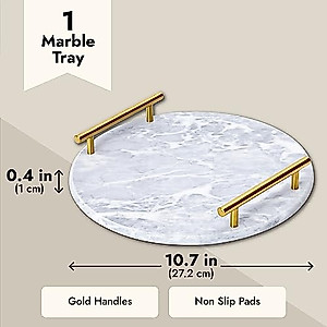 Round Marble Tray for Vanity with Handles, Geode Tray, Elegant White Marble and Gold Serving Board for Kitchen, Home Decor, Centerpiece Display (10.7x10.7x0.4 in)