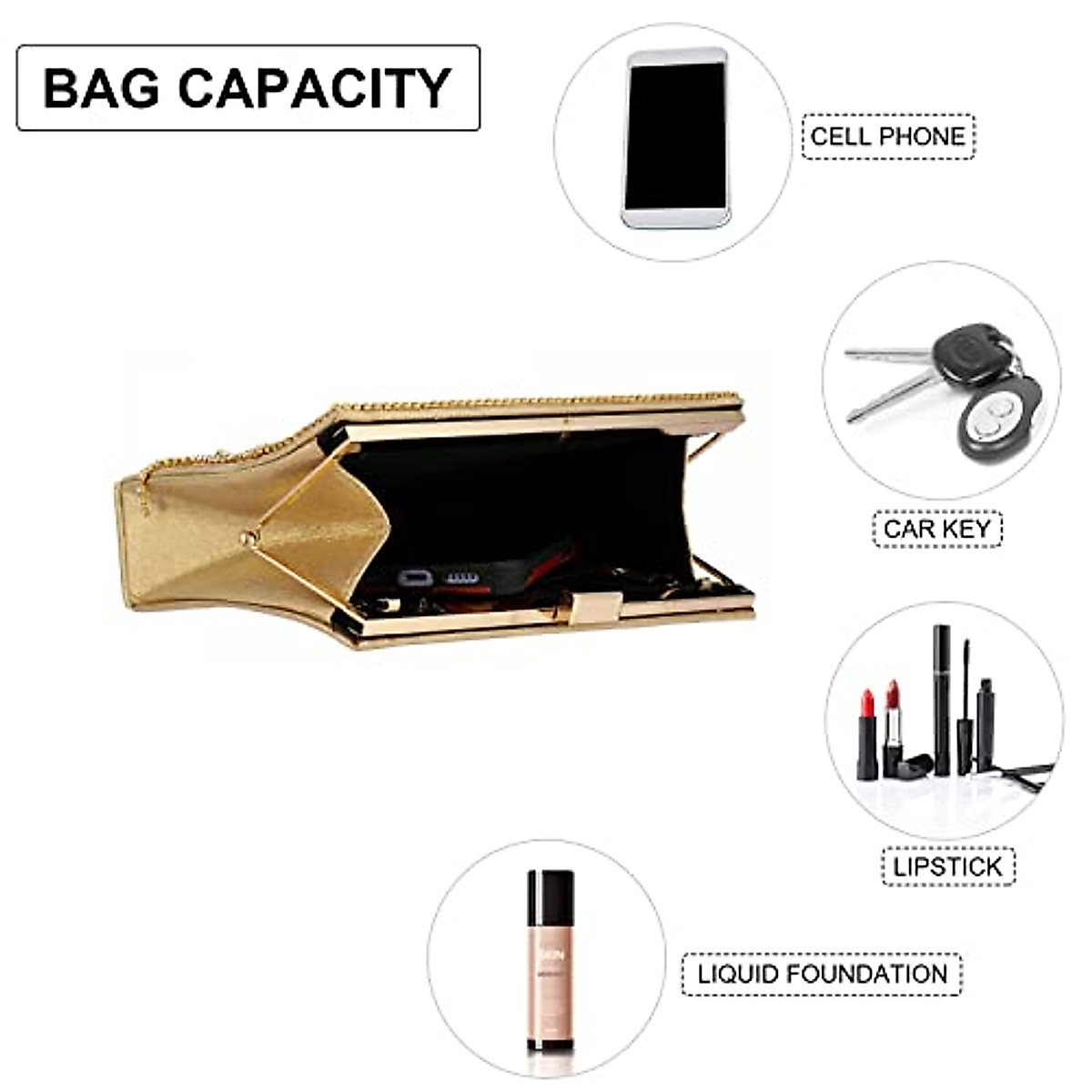 Clutch Purse for Women - Rhinestone Evening Handbag - Crystal Crossbody Bags for Wedding Party Bridal (Gold)