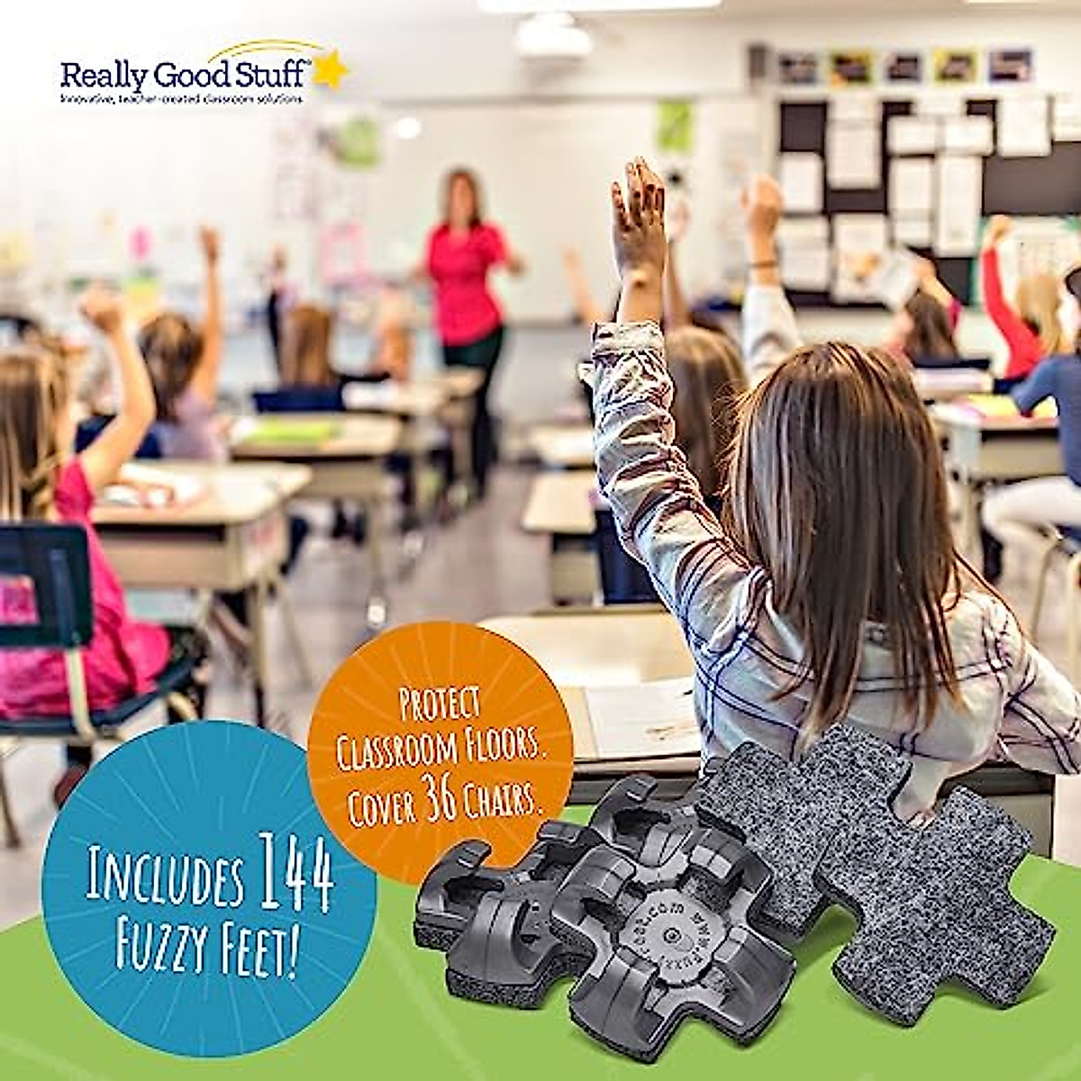 Really Good Stuff Fuzzy Feet Chair Glides, Noise Reducer for Classroom Chairs & Desks, Gliders Prevent Floor Scuffs & Scratches, Snap-On Chair Leg Cover, Quiet Felt Chair Sliders, 144 pcs