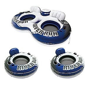 Intex River Run II Inflatable Double Rider Inntertube with Built-in Cooler and Cupholders with River Run I Single Floating Water Rafts (2 Pack)