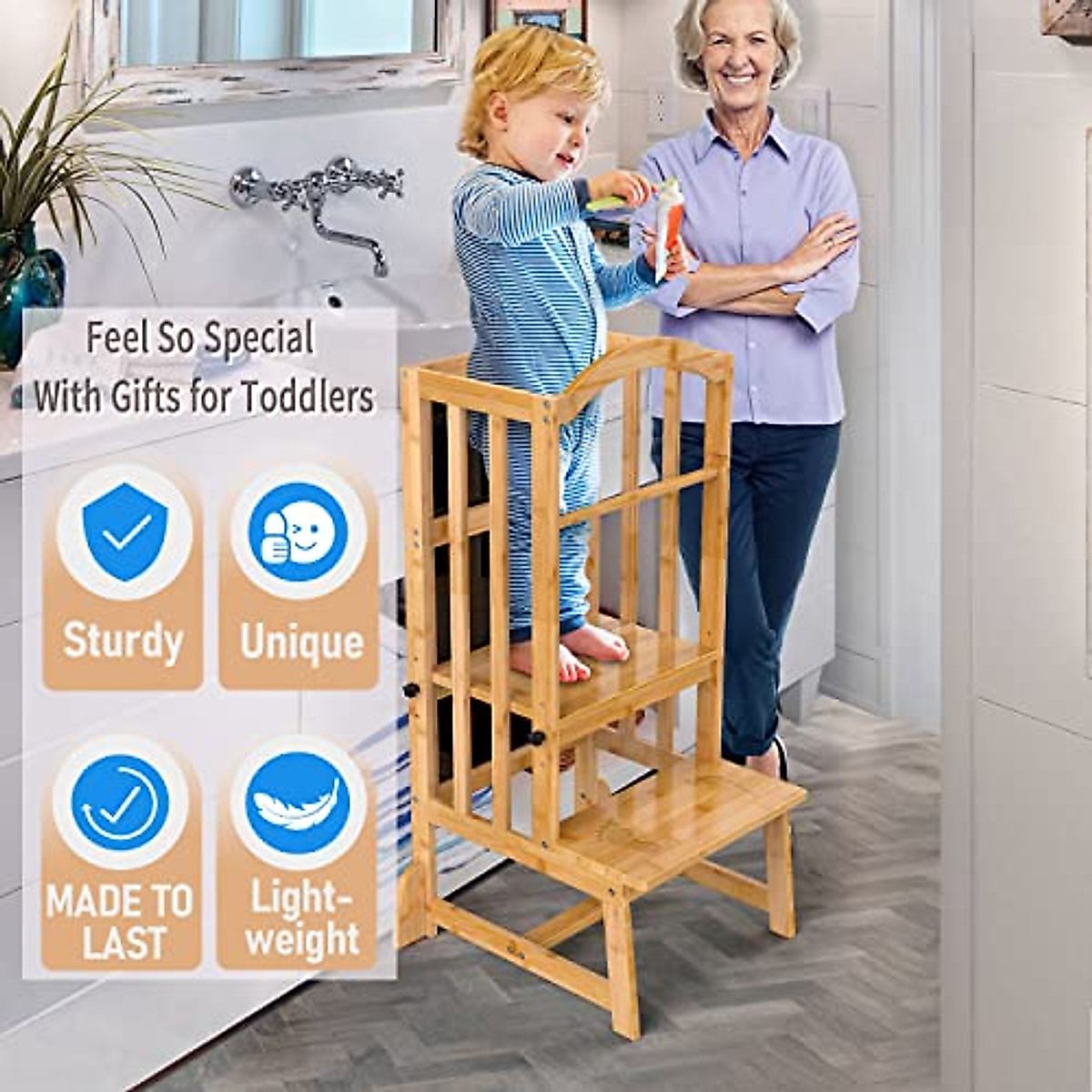 DORPU Learning Step Stool for Kids, Adjustable Height Toddler Kitchen Standing Tower with Double-Side Art Board, Natural