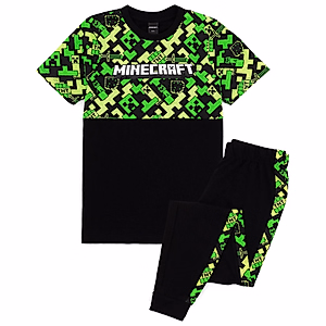 Minecraft Camo Pajama Set | Creeper Short Sleeve Top and Long Leg Bottoms | Comfortable Kids Gaming Nightwear for Bedtime